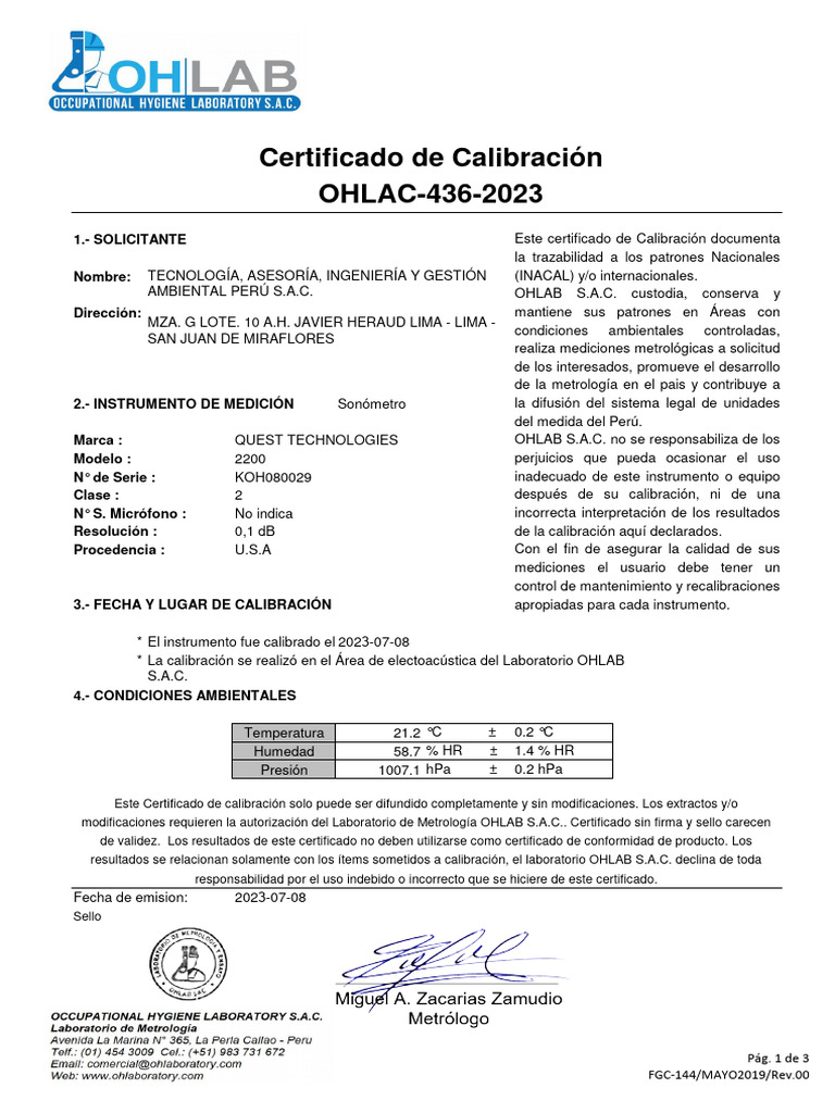 Certificado de Calibracion Sonometro | PDF | Calibración | Metrología
