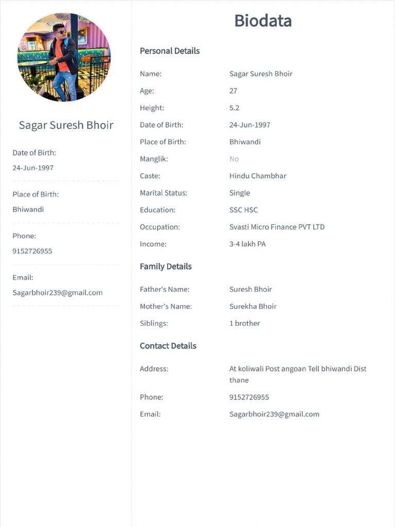 Sagar Suresh Bhoir's Biodata | PDF