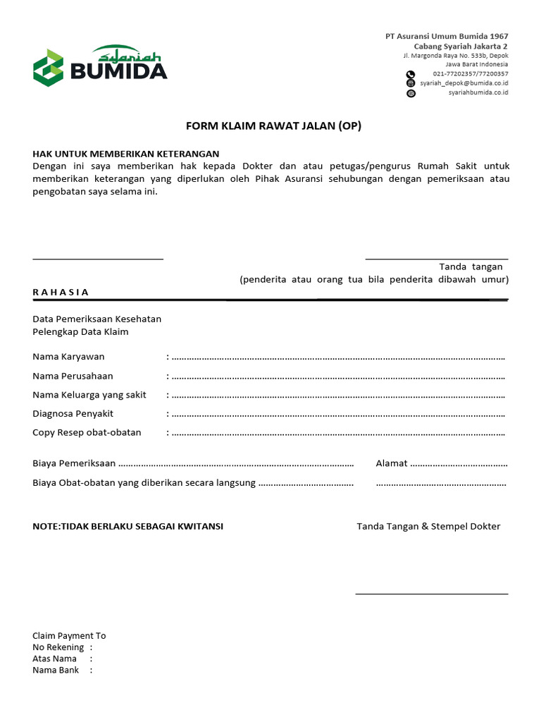 Form Klaim Rawat Jalan Bumida | PDF
