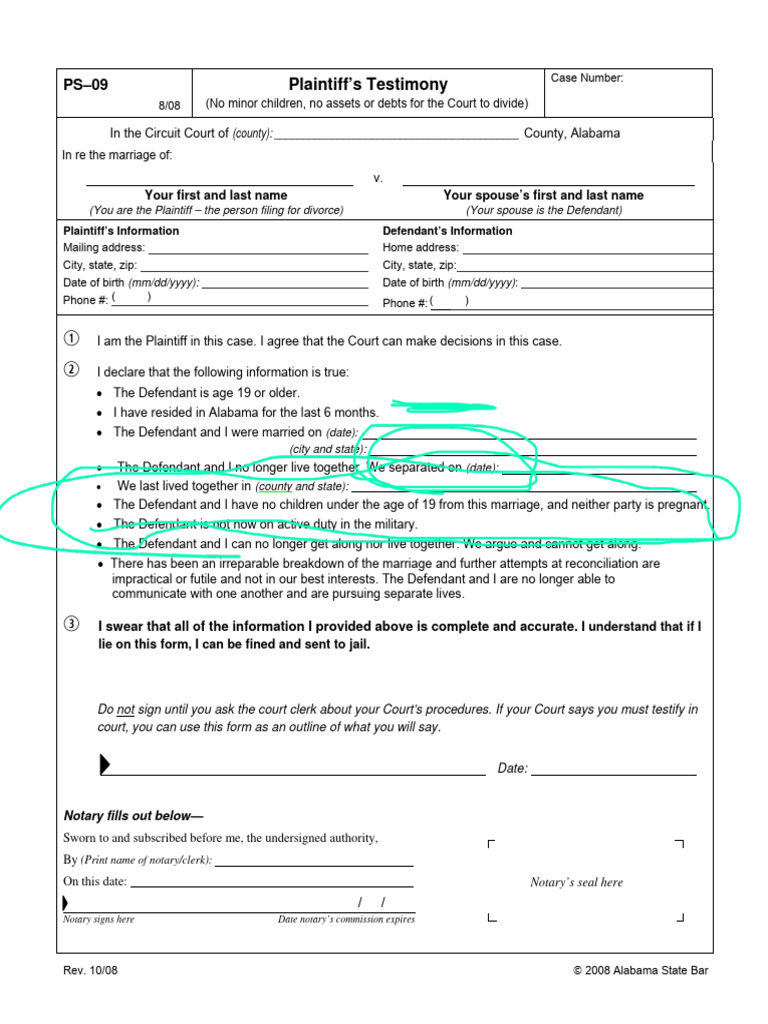 Alabama Divorce Plaintiff Testimony Form | PDF | United States Case Law ...