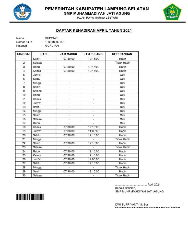 Daftar Kehadiran Guru PAI April | PDF