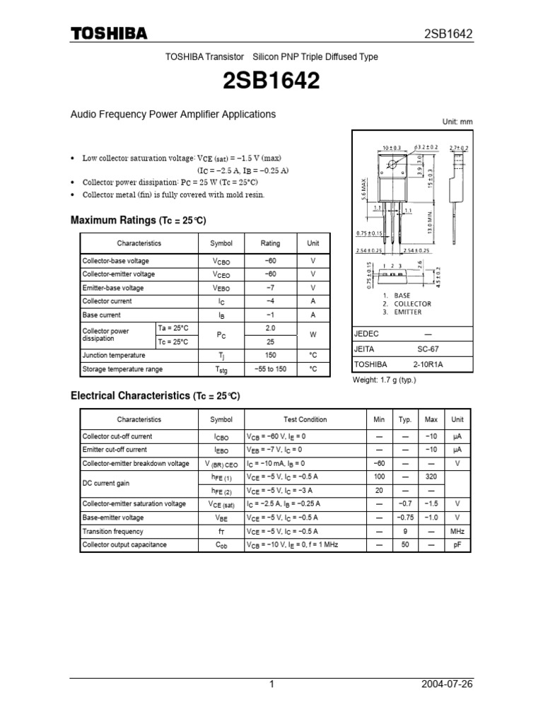 Transistor 2SB1642 | PDF | Bipolar Junction Transistor | Reliability Engineering