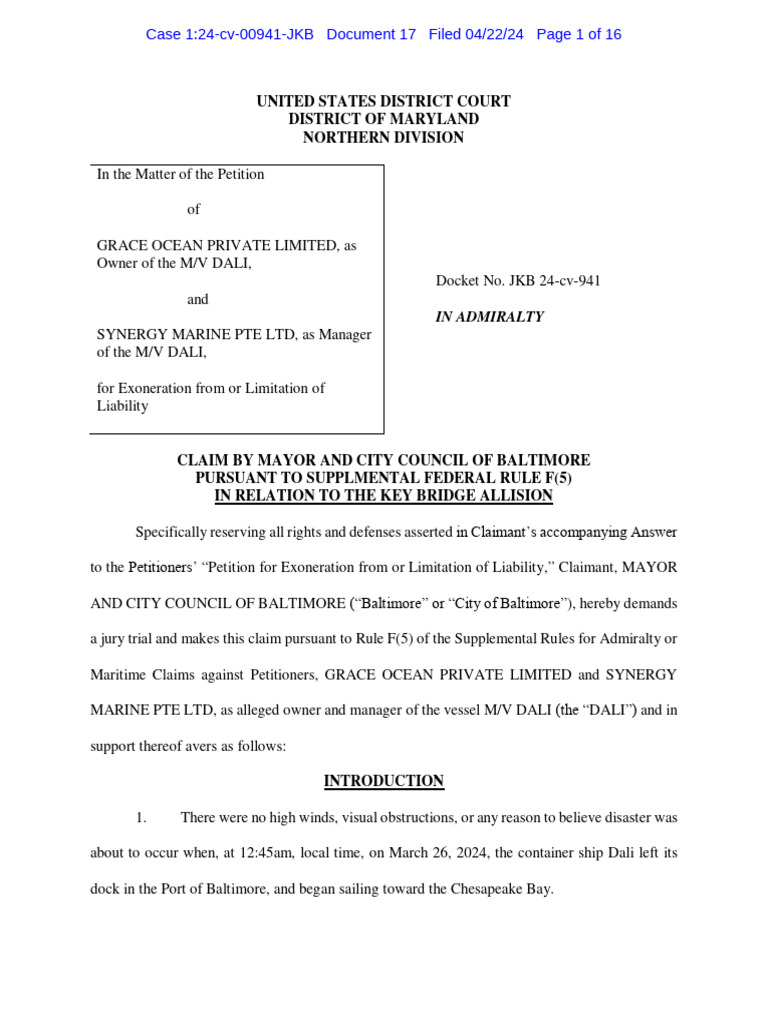 Dali Incident: Baltimore's Legal Claim | PDF | Port | Admiralty Law