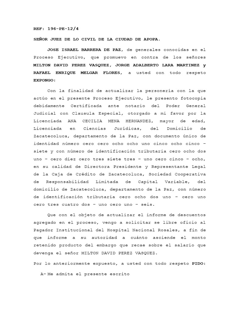 EJECUCION FORZOSA MILTON DAVID PEREZ VASQUEZ, JORGE ADALBERTO LARA ...