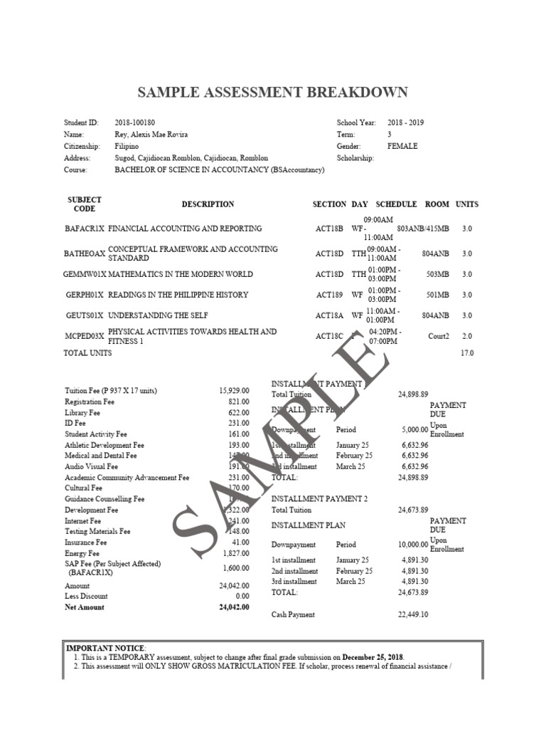 Assesment breakdown | PDF | Fee
