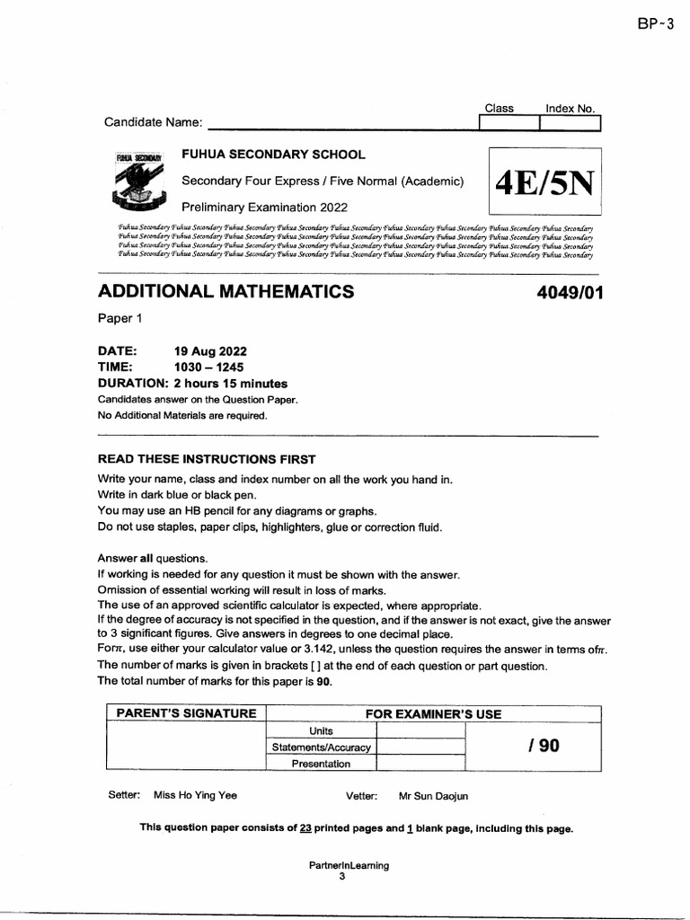 2022 Sec 4 A Maths Prelim Fuhua Secondary With Answers | PDF