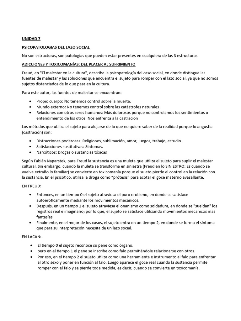 Unidad 7 Patologias Del Lazo Social | PDF | Jacques Lacan | Psicosis