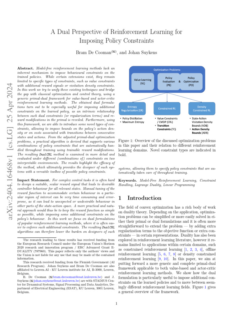 A Dual Perspective of Reinforcement Learning For Imposing Policy Constraints | PDF ...