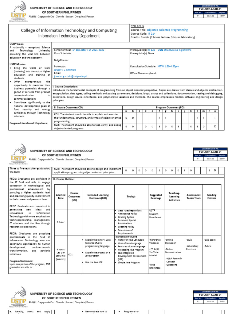 It 214 Oop Syllabus 1st Sy21 22 Pdf Inheritance Object Oriented Programming Class 