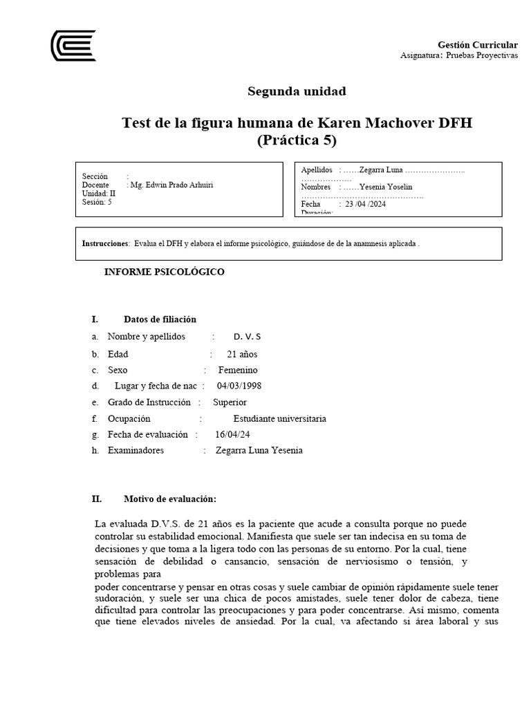 Informe Psicológico: Test Machover DFH | PDF | Evaluación | Sicología