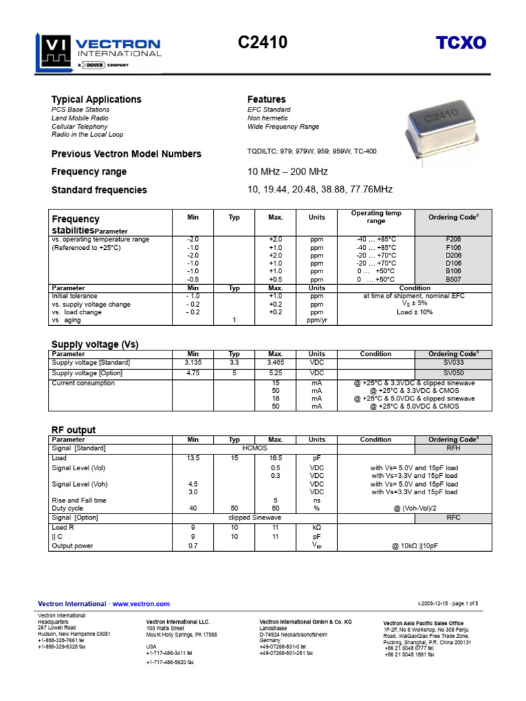 Typical Applications Features: 10 MHZ - 200 MHZ 10, 19.44, 20.48, 38.88 ...