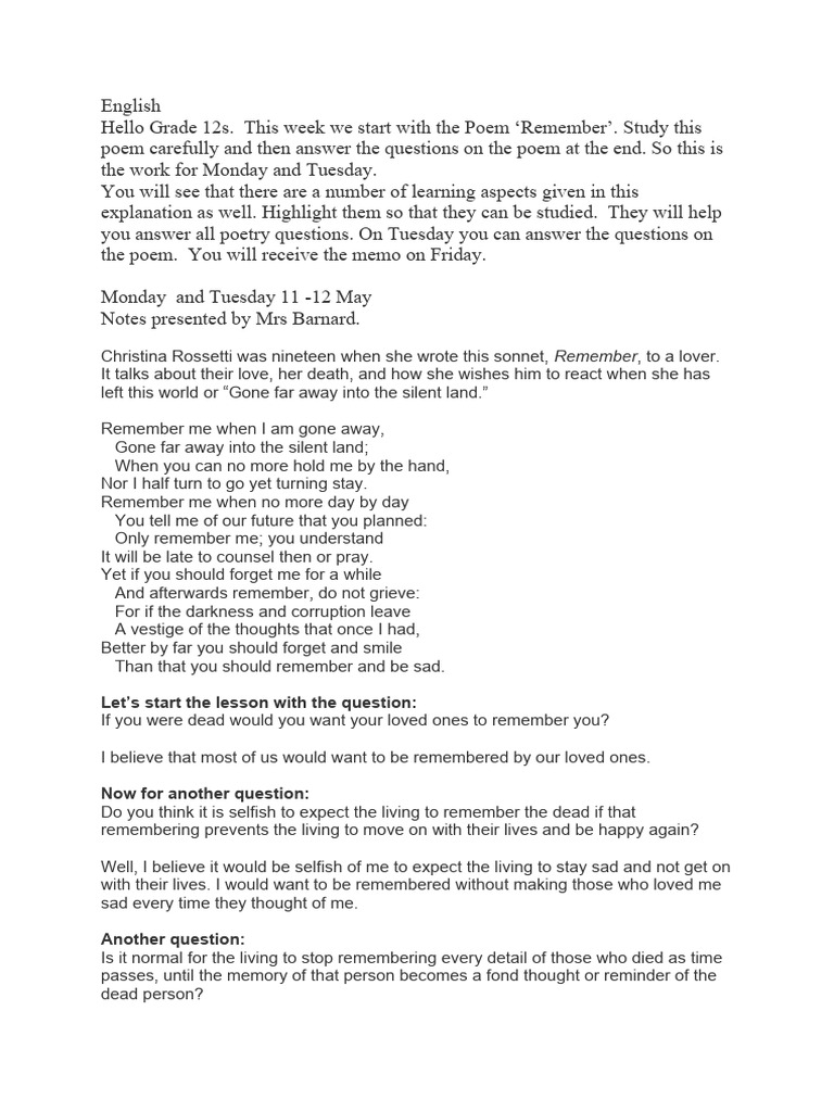 Grade 12 Poem Analysis: "Remember" by Rossetti | PDF | Metre (Poetry ...