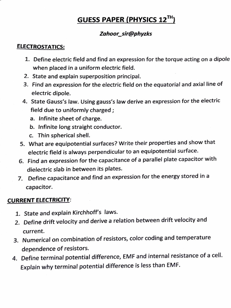 Physics 12th Grade Guess Paper Guide | PDF | Capacitor | Magnetic Field