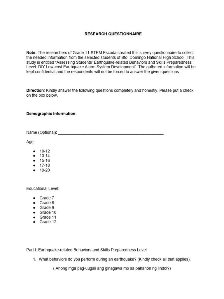 G3-RESEARCH-QUESTIONNAIRE | PDF | Behavioural Sciences | Psychology