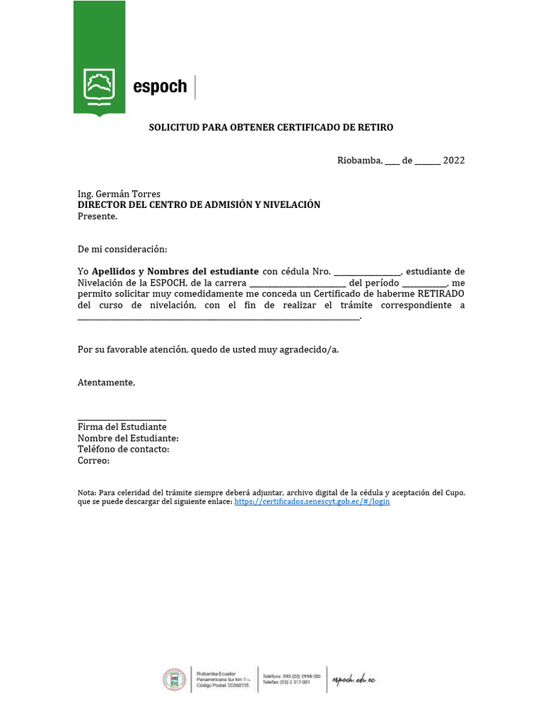 Solicitud Para Obtener Certificado de Retiro | PDF