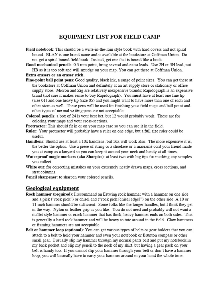 Essential Field Camp Equipment List | PDF | Camping | Tent