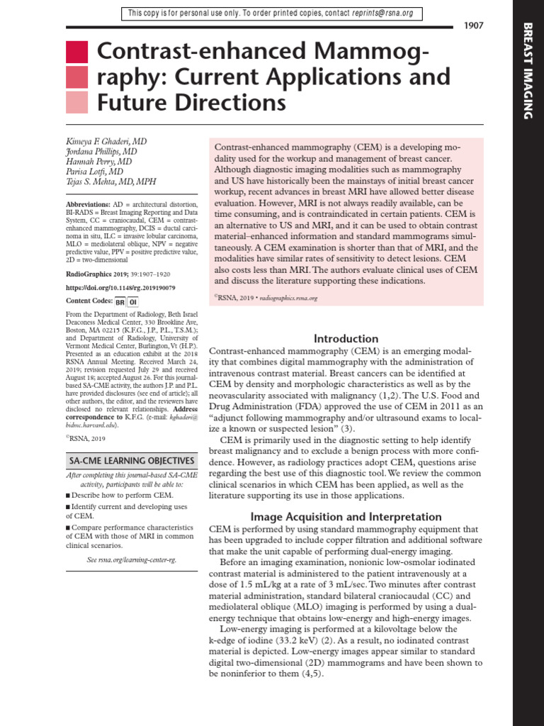 Contrast Enhanced Mammography - Current Applications and Future Directions | PDF | Mammography ...