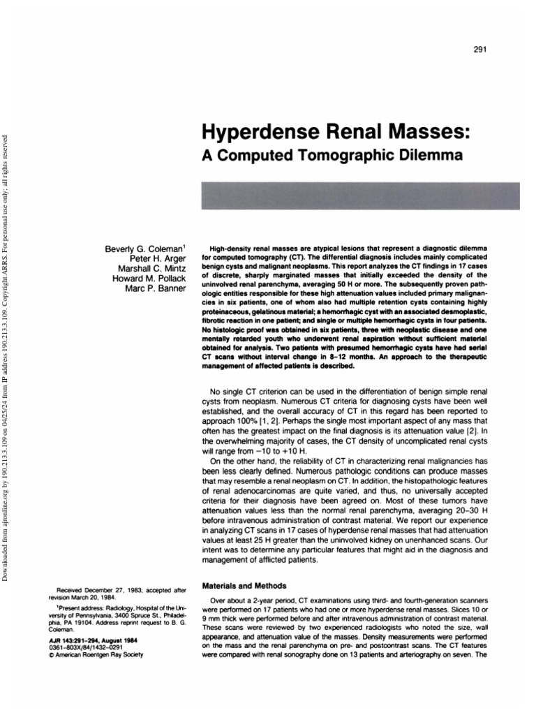 Coleman Et Al 2012 Hyperdense Renal Masses A Computed Tomographic ...