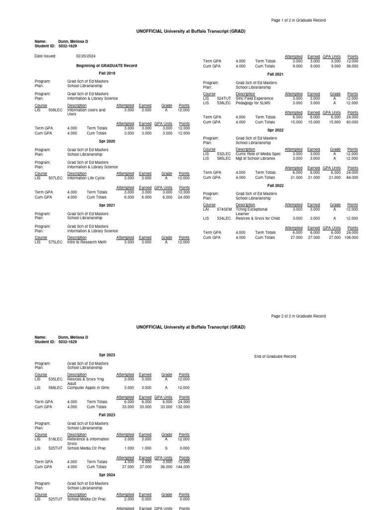 UB Unnofficial Transcript 2 24 | PDF | Science | Liberal Arts Education
