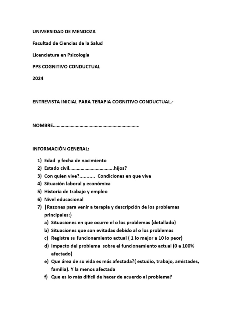 Guia de Entrevista Terapia Conductual Cognitiva | PDF | Suicidio ...
