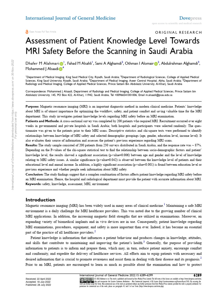 IJGM 368652 Assessment of Patient Knowledge Level Towards Mri Safety ...