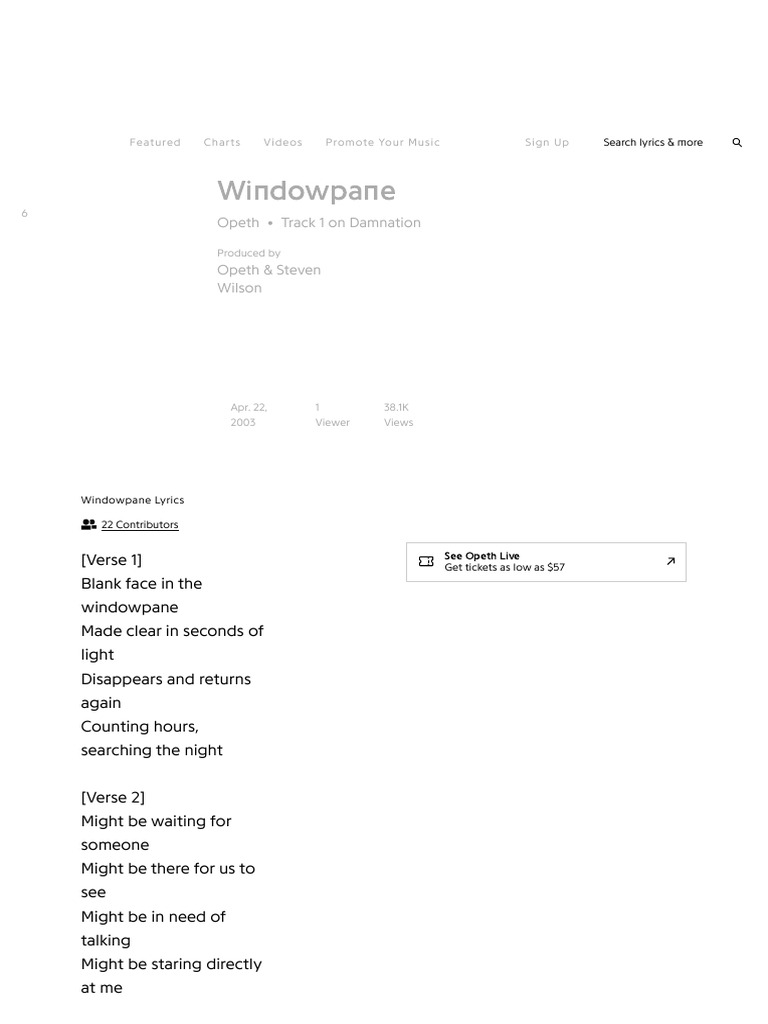 Opeth - Windowpane Lyrics | PDF