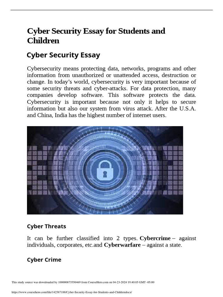 Cyber Security Essay For Students and Children | PDF | Security ... Cyber Security Essay For Students and Children | PDF | Security ...