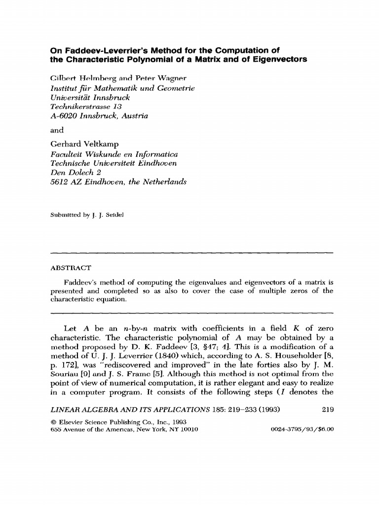 On Faddeev-Leverrier's Method For The Computation of The Characteristic Polynomial of A Matrix ...