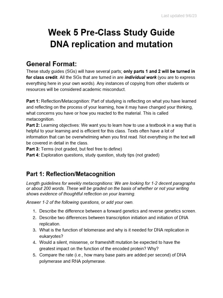 Week 5 Study Guide: DNA Replication & Mutation | PDF | Dna Replication ...