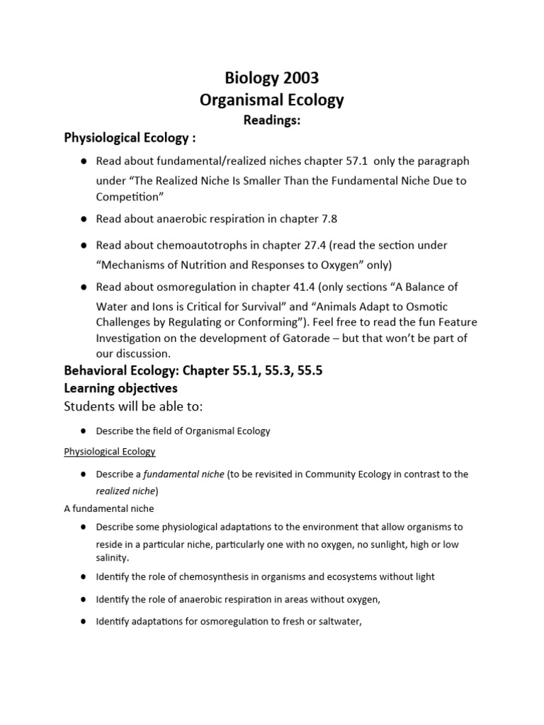 Organismal Ecology Learning Objectives | PDF | Ecology | Ecological Niche