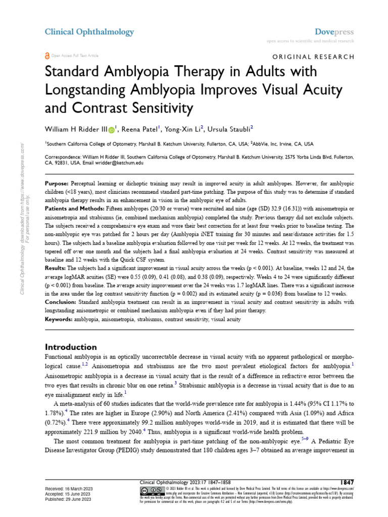 OPTH 410800 Standard Amblyopia Therapy in Adults With Longstanding ...