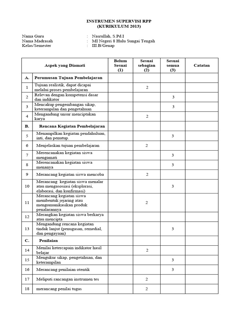 Instrumen Supervisi RPP K13 | PDF