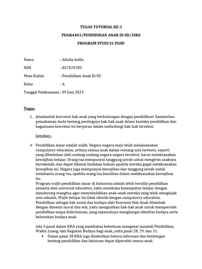 Tugas Tutorial 3 Pendidikan Anak Di SD | PDF