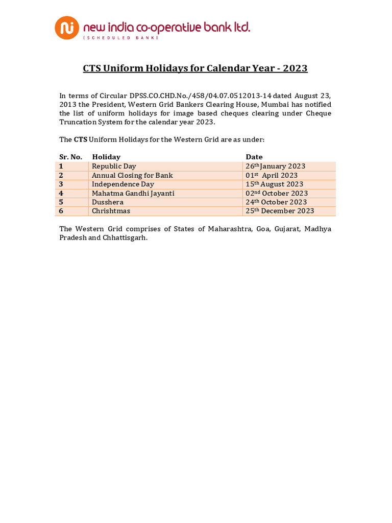 CTS Holiday 2023 | PDF