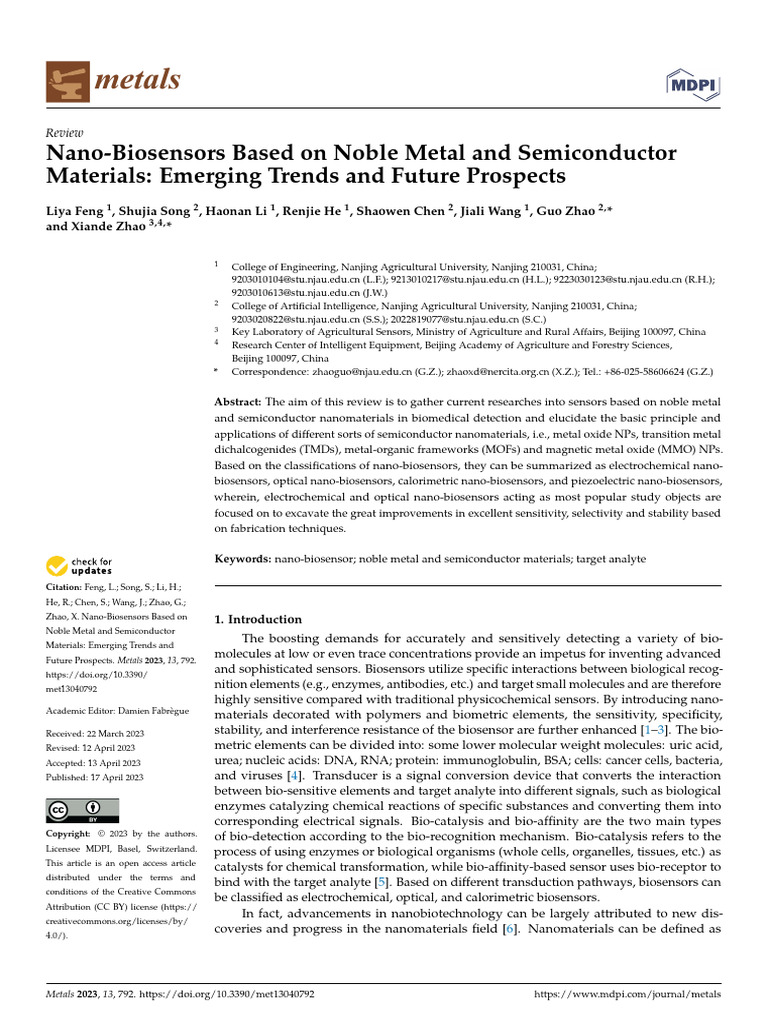 rev-metals-13-00792-v2 | PDF | Surface Plasmon Resonance | Biosensor