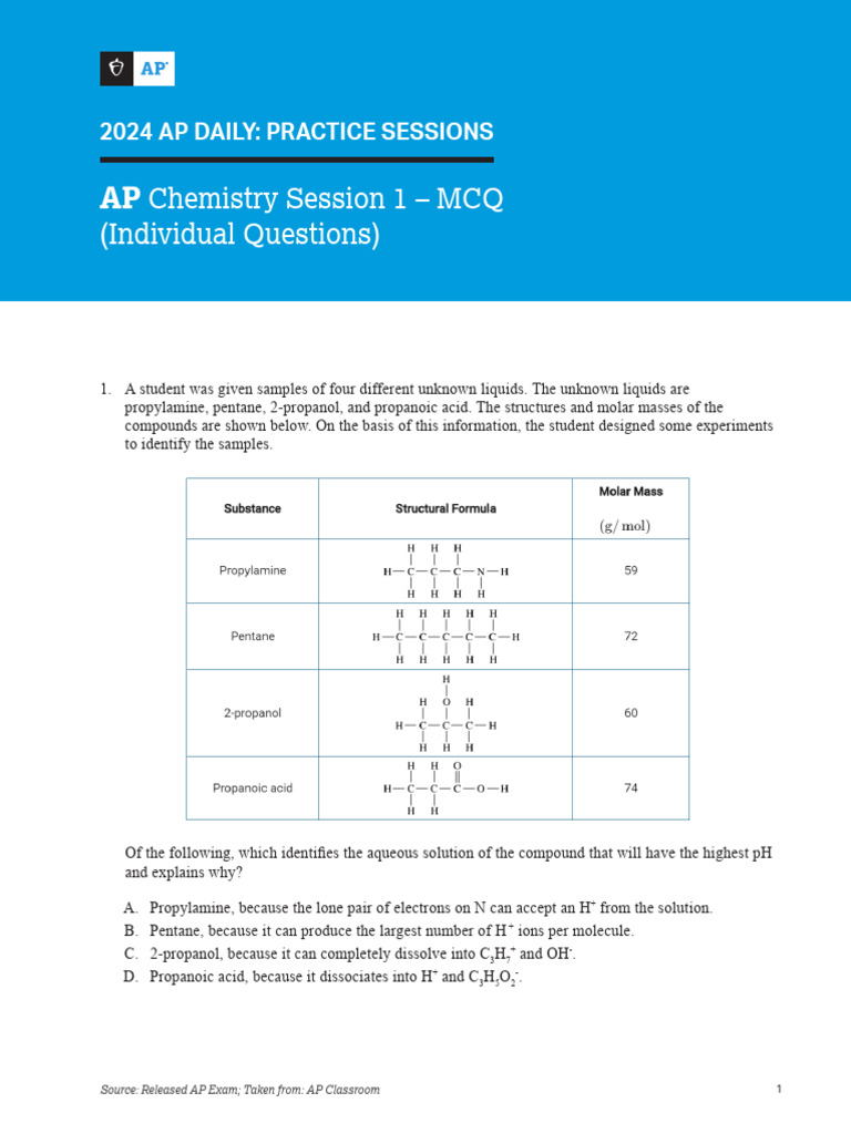 2024 AP DAILY_ PRACTICE SESSIONS AP Chemistry Session 1 – MCQ ...