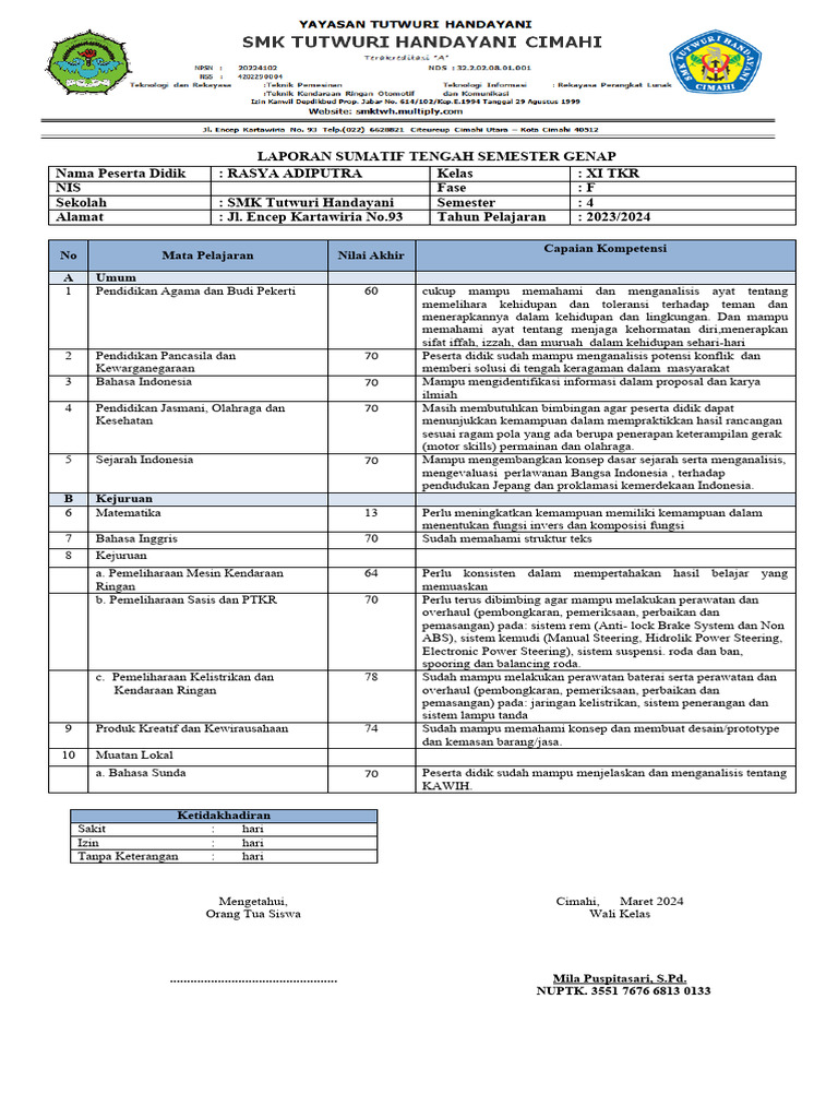Laporan Hasil STS Genap Xi TKR 2024 | PDF