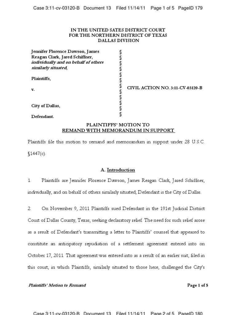 Filed Motion To Remand | PDF | Settlement (Litigation) | Lawsuit