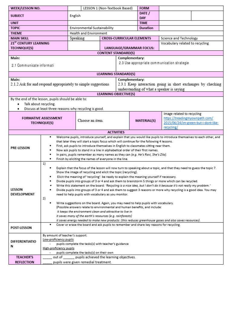 LESSON 1 Form 2 RPH | Download Free PDF | Recycling | Learning