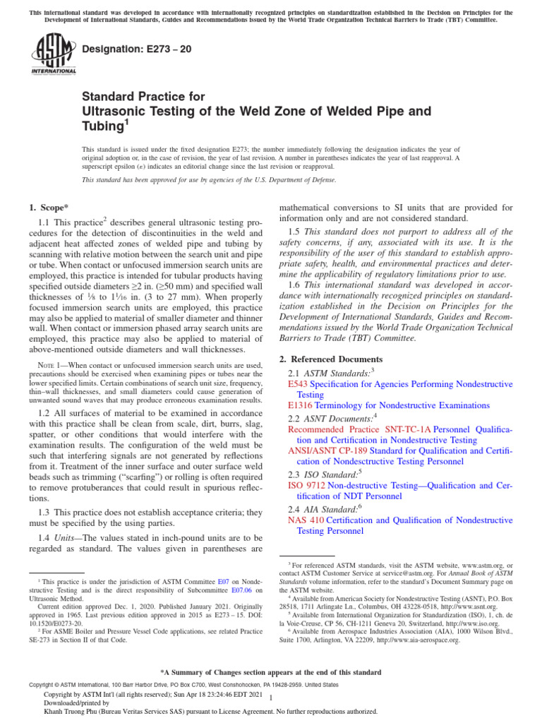 Astm E273 20 Standard Practice For Ultrasonic Testing Of The Weld Zone