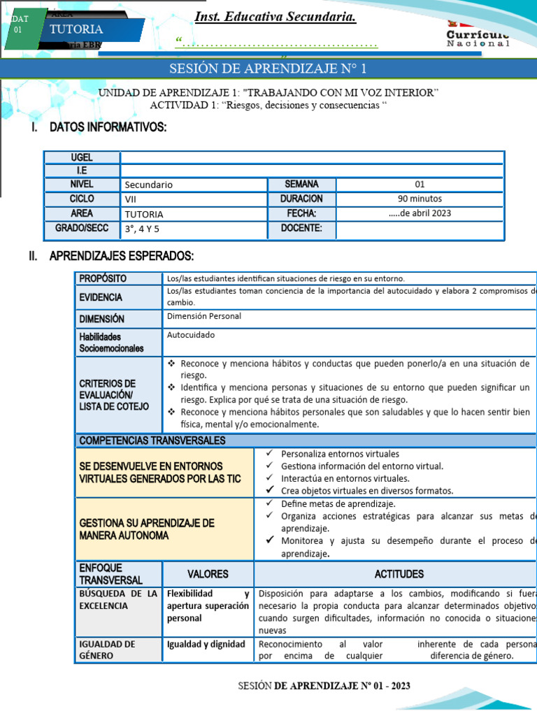 5 Tutoria Ses 1 Uni 2 Sem 01 - 2023 | PDF | Aprendizaje | Evaluación