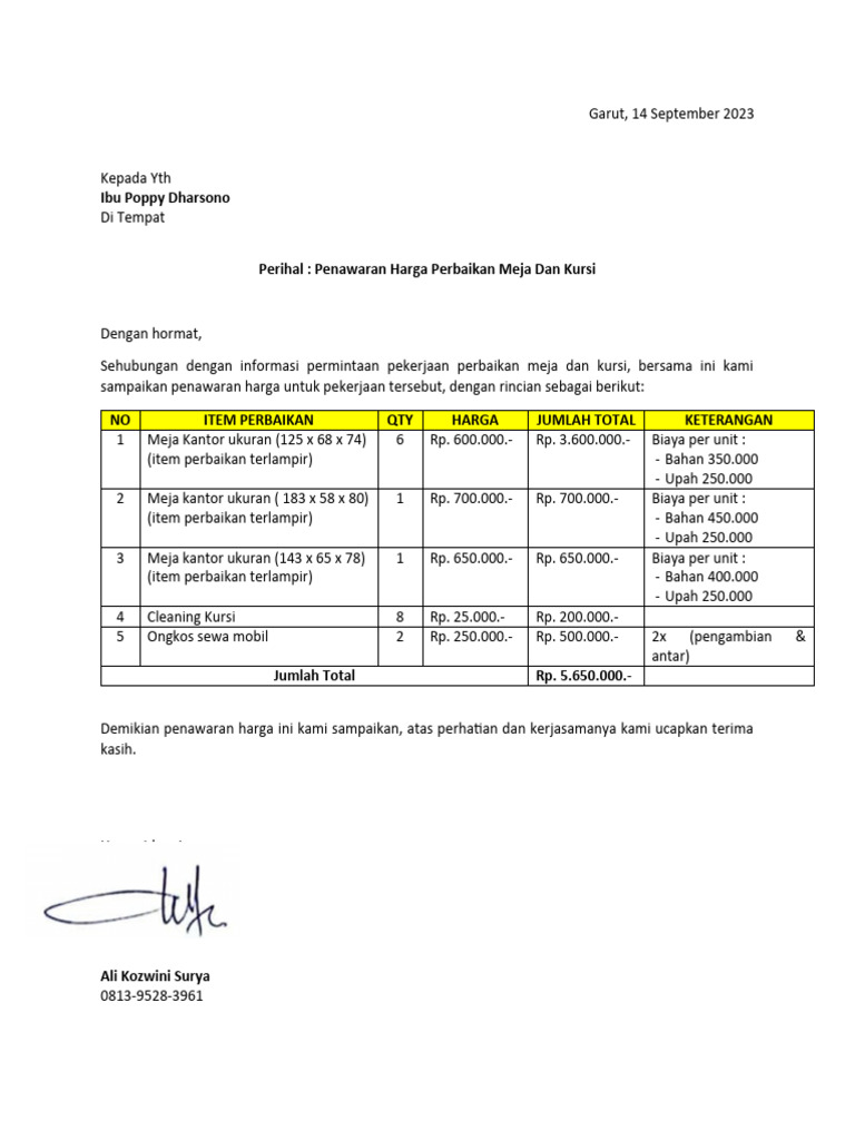 Penawaran Harga Perbaikan Meja | PDF