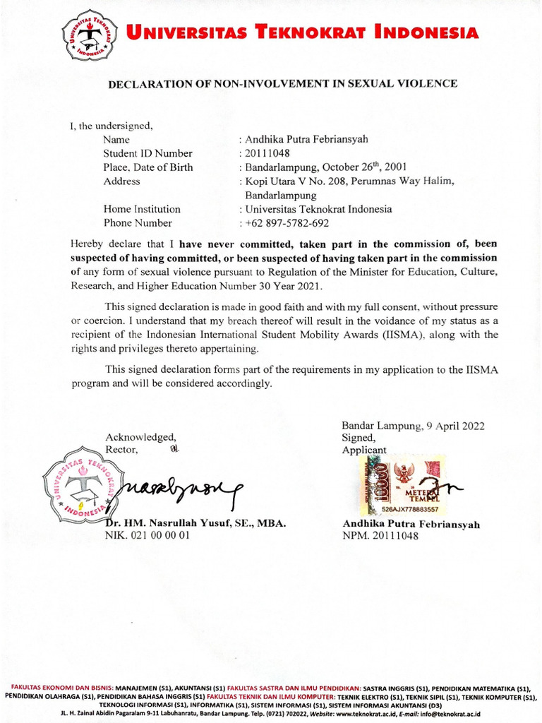 Declaration of Non-Invol in Sexual Violence | PDF