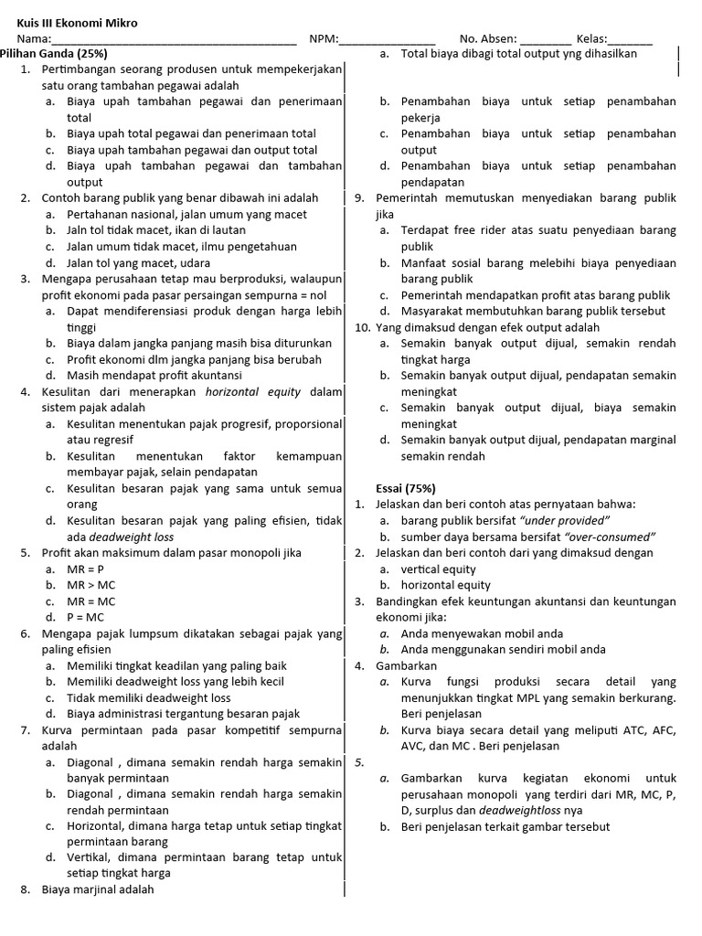830 - Kuis III Ekonomi Mikro Ver 1 | PDF