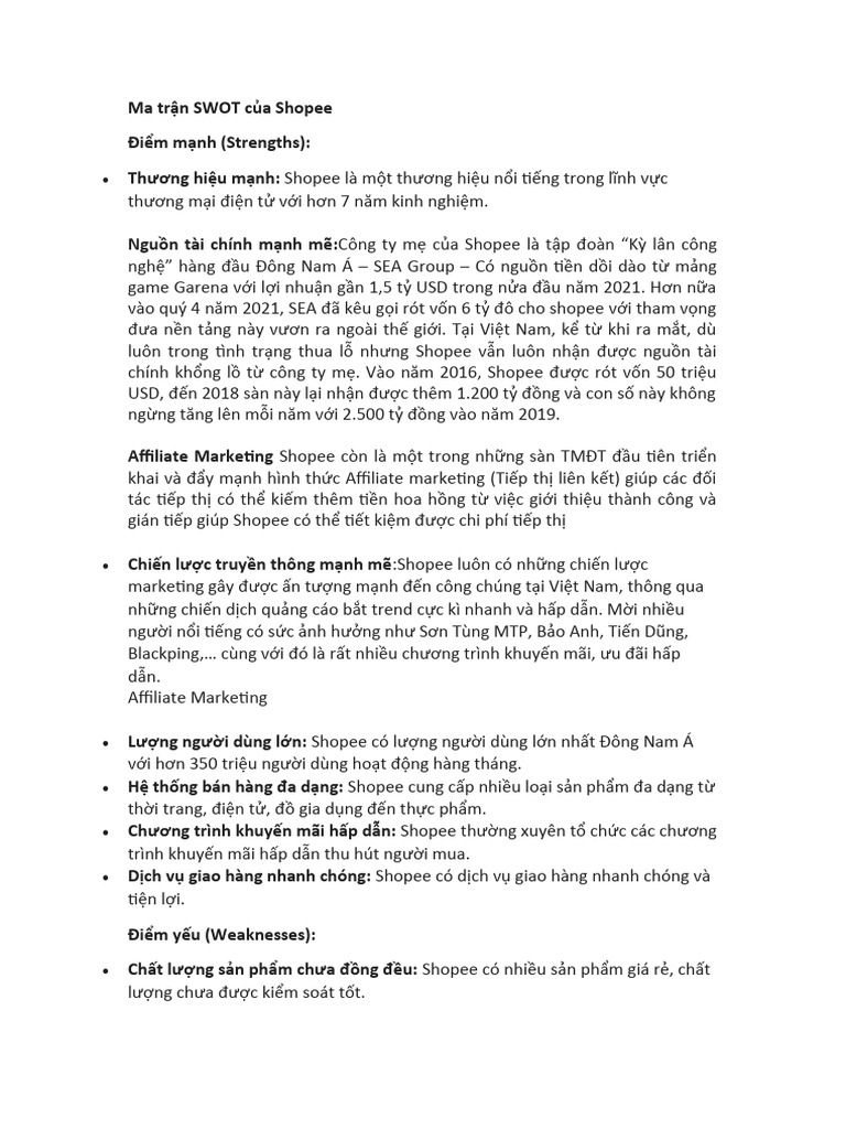 Ma trận SWOT của Shopee | PDF