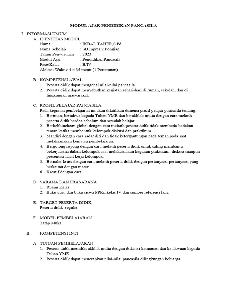Modul Ajar Pendidikan Pancasila Kelas IV | PDF