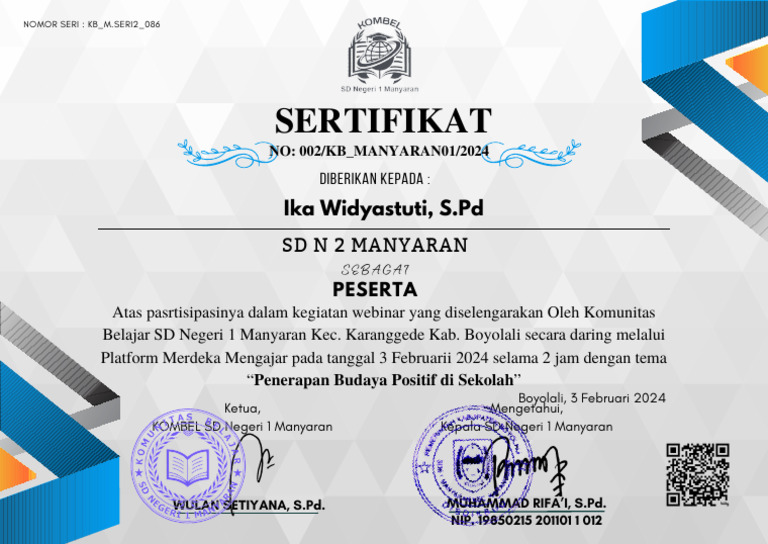 Sertifikat Webinar KOMBEL SD Negeri 1 Manyaran-86 | PDF