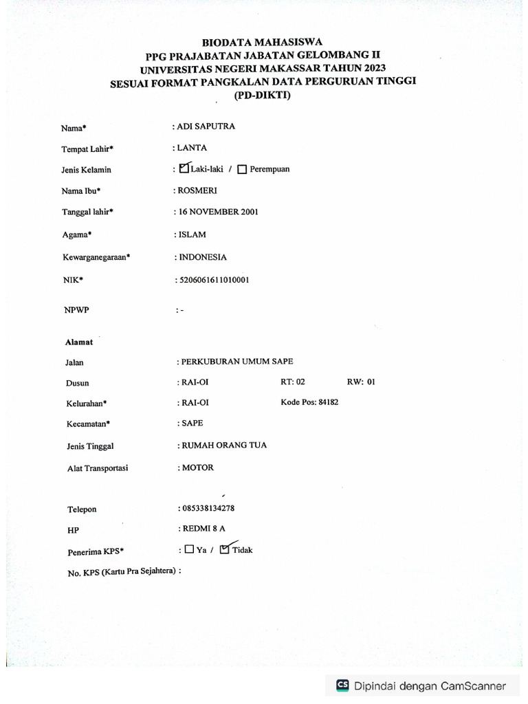 7000134781_Adi Saputra_ Biodata | PDF