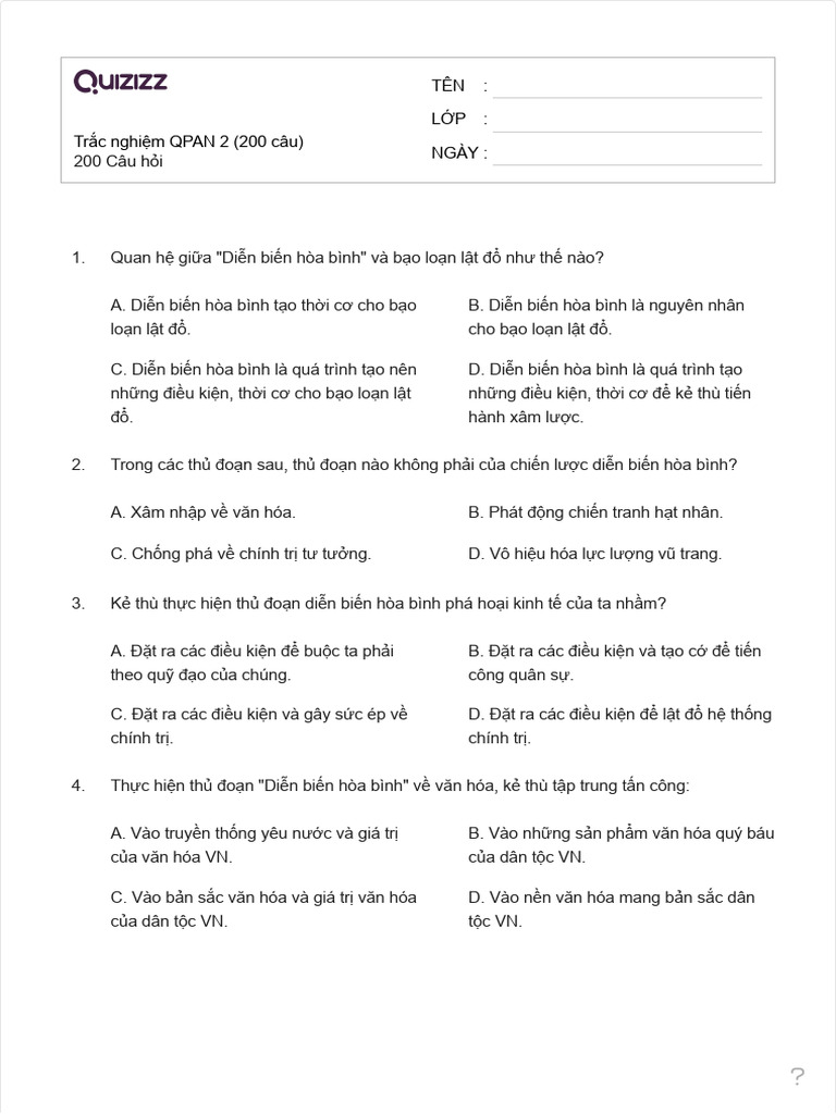 Trắc nghiệm QPAN 2 200 câu | PDF