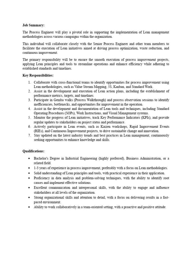 Job Description - Process Engineer | PDF | Lean Manufacturing | Methodology